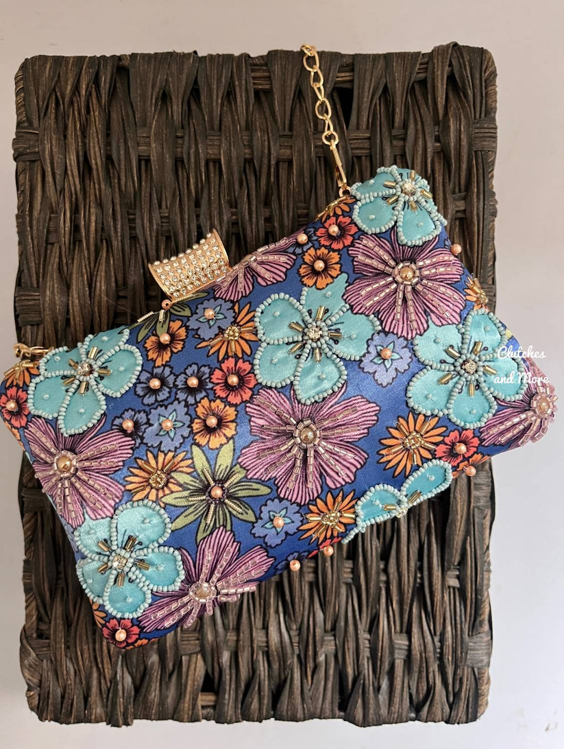 Floral Printed Blue Purple Clutch| Clutches and More