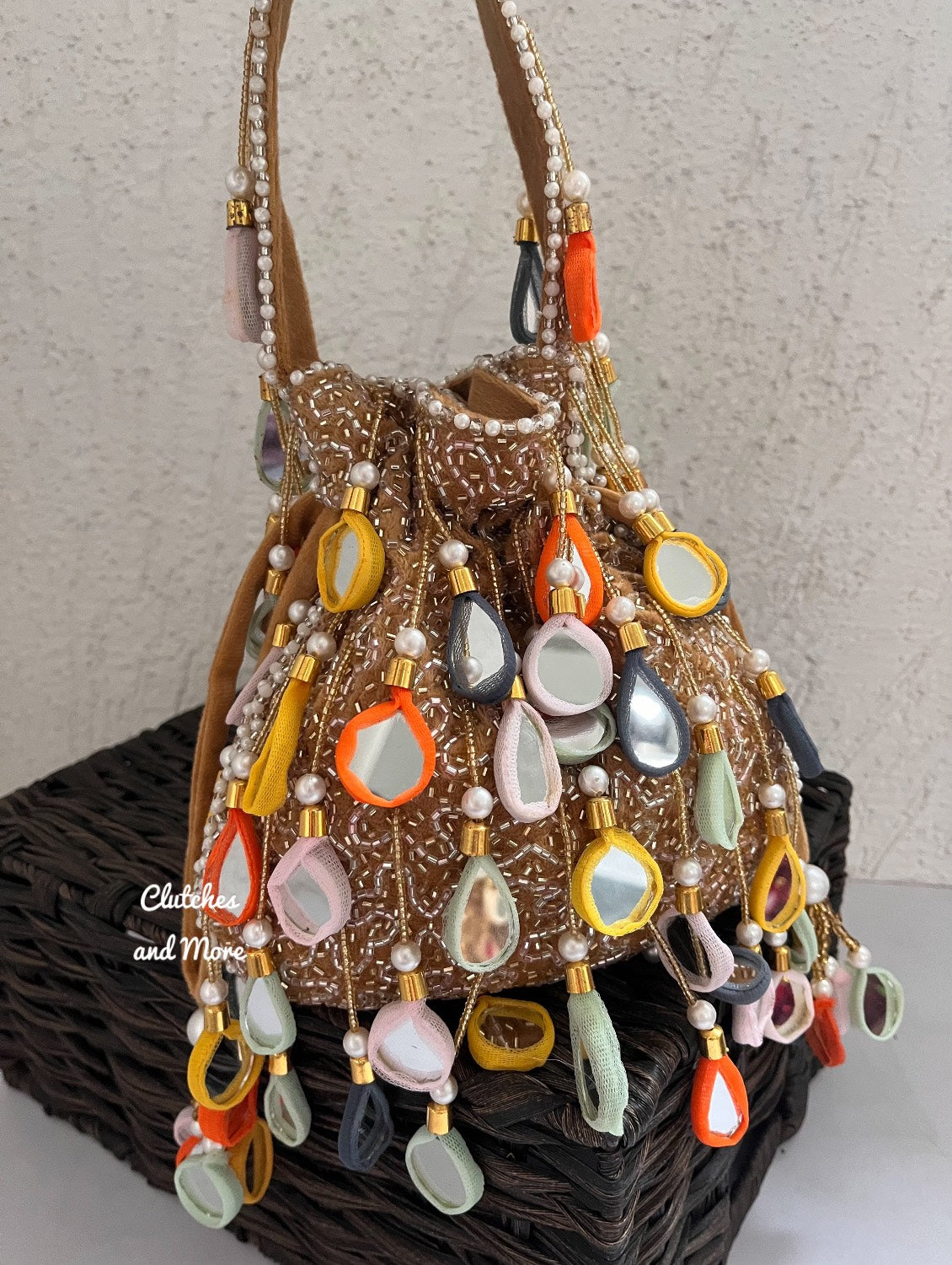 Mirror Tassel Potli Multicoloured (golden base)| ClutchesandMore ...